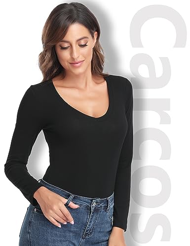 CARCOS Women's Casual Tops Sexy V Neck Long Sleeve Pullover Underwear Tee Slim Fit Basic Shirts Black L