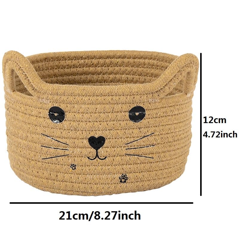 Bafnsiji Cute Cat Face Pattern Braided Storage Basket, Cotton Rope Animal Design Braided Clutter Storage Bag, Washable Snack Sundries Storage Basket,Pink