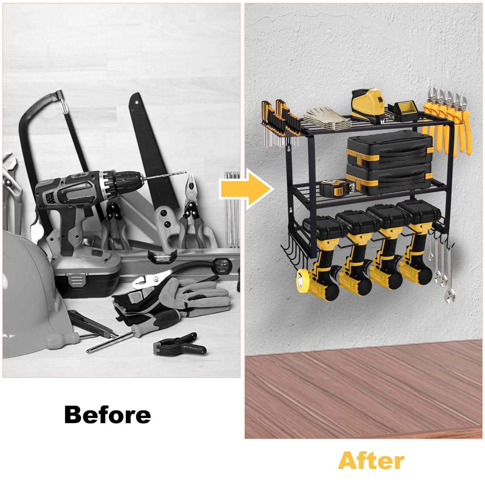 ShineMe Garage Tool Organizer Wall Mount, Heavy Duty Power Tool Organizer with 4 Drill Holders, 3 Layer Multifunctional Metal Storage Rack for Workshop, Garage, Tool Room