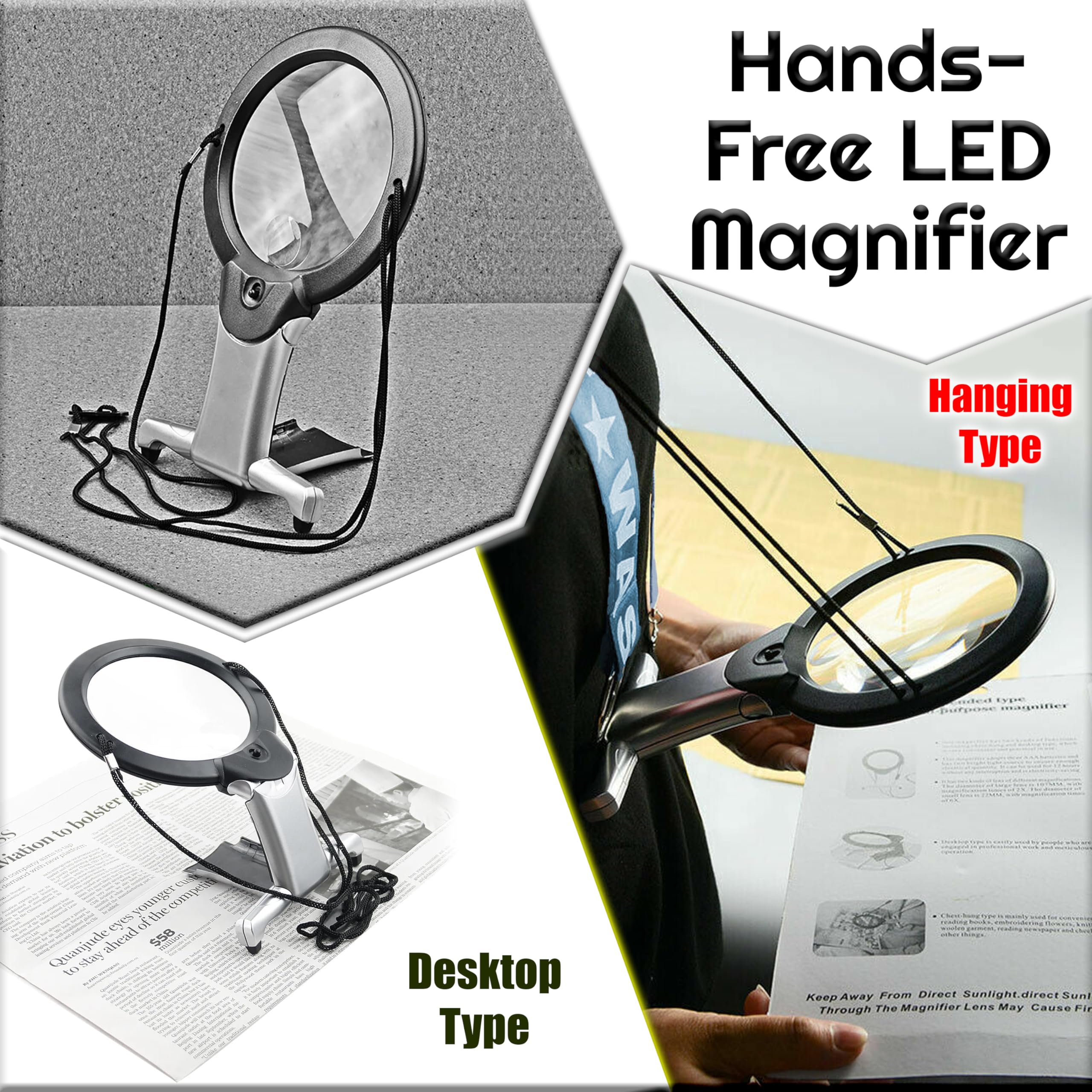 ARSUK Magnifying Glasses with Light, Hands-Free Neck Magnifier for Reading Sewing Cross Stitching Needlework Crafts Hobby Jewelry Repair, 2X 6X Magnification Hanging Cord & Desk Stand