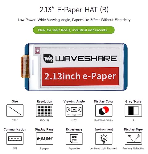 waveshare 2.13inch E-Ink Display HAT Compatible with Compatible with Raspberry Pi 5/4B/3B/Zero/Zero W/Zero 2W/Pico/Pico W/Pico WH, 212x104 Resolution Three-Color SPI Interface