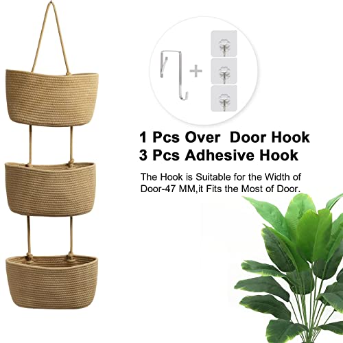 TeoKJ Over the Door Hanging Basket, 3-Tier Woven Cotton Wall-Mounted Storage Organizer Bag Decorative Hanging Kitchen Baskets - Jute