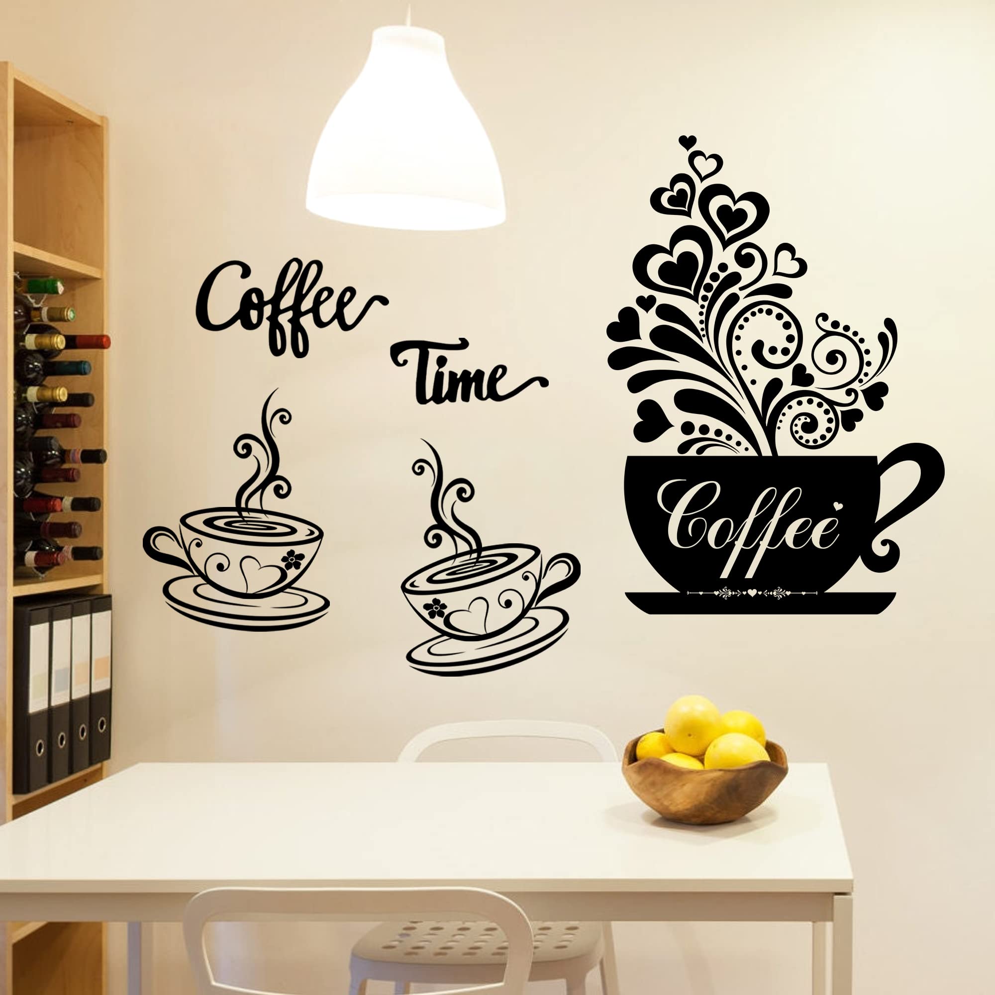 Coffee Cup Wall Decals Vinyl Kitchen Wall Decor Stickers Black Coffee Tea Sign Decor Flower Wall Art Sticker Removable DIY Coffee Saying Decorations for Home Cafe Shop Coffee Station Bar Pub Office