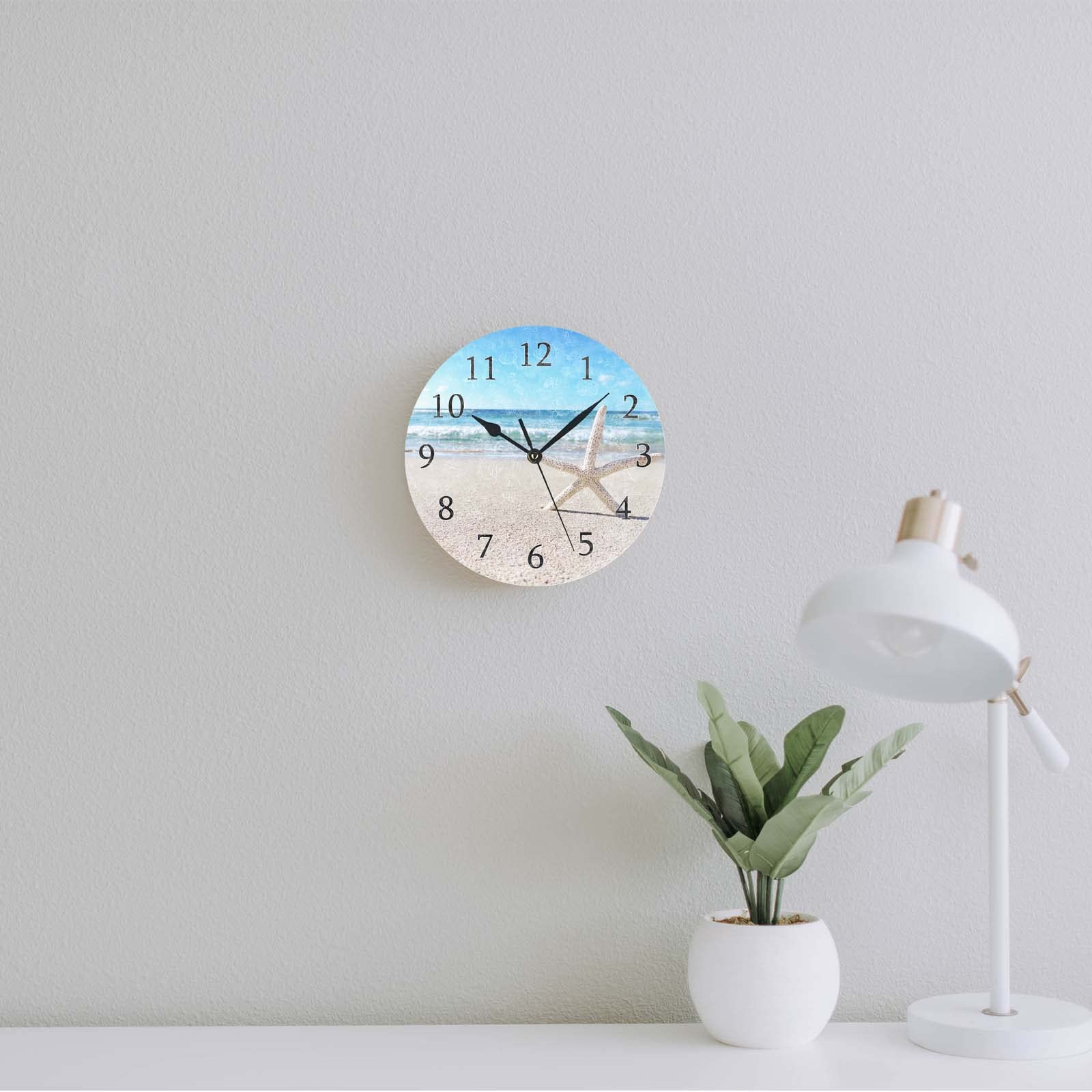 ATEDEANEI Wall Clock for Bathroom,Silent Battery Operated,Small Living Room,Kitchen,Bedroom Decor,10 Inch,Beach Sea Starfish