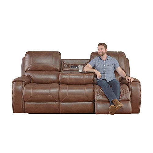 Roundhill Furniture Achern Brown Leather-Air Nailhead Manual Reclining Sofa and Loveseat with Storage Console and USB Port