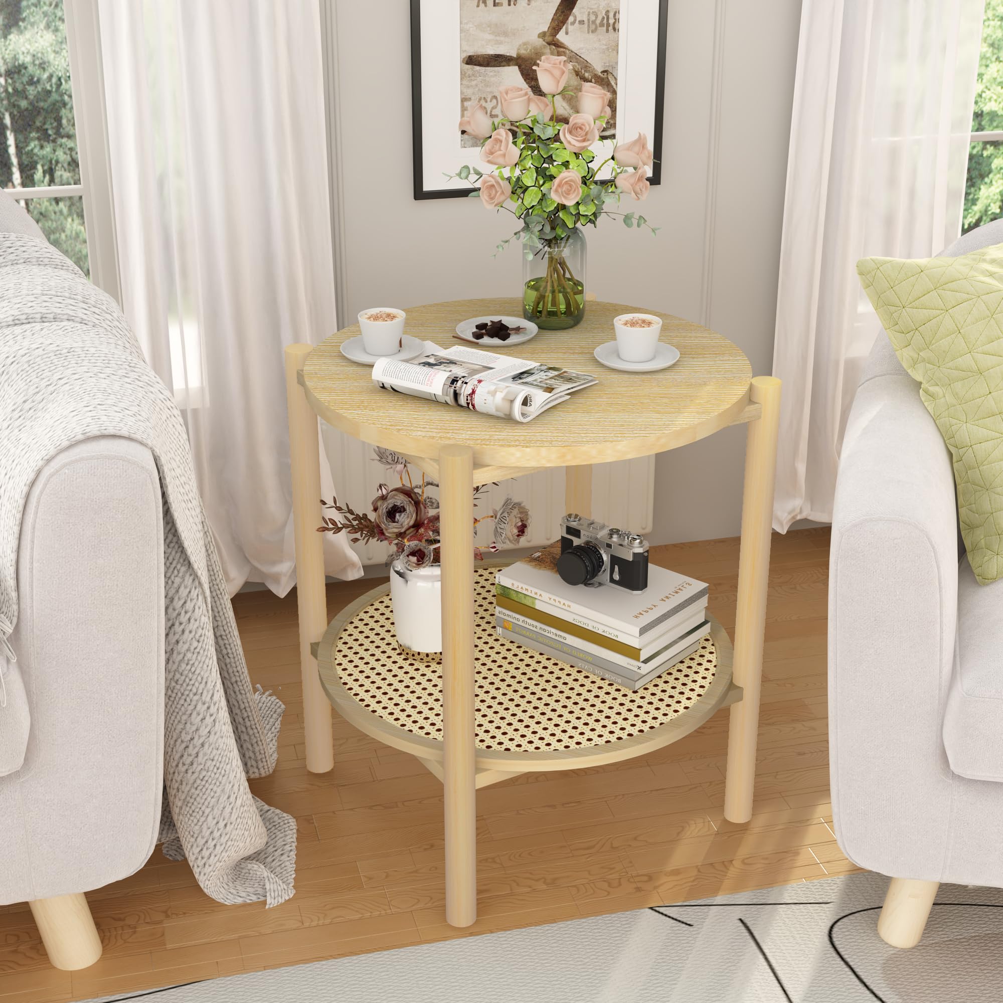 AWQM 2-Tier Round Side Table, Rattan End Table Nightstand with Solid Wood Feet,Boho Bedside Tables Accent Small Coffee Table for Bedroom, Living Room,Natural,1pcs
