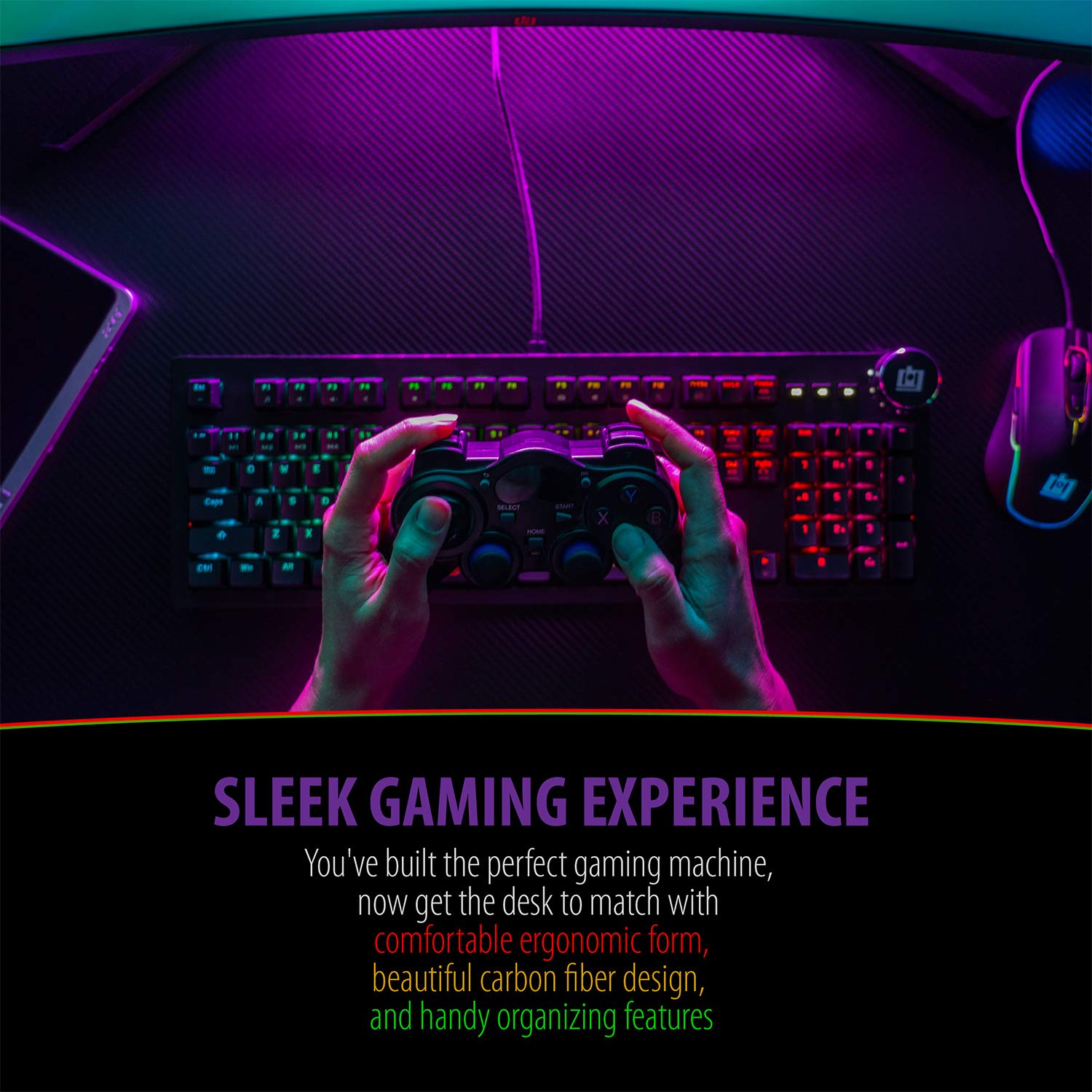 Deco Gear Ultrawide Curved LED Computer Gaming/Office Desk, Waterproof Carbon-Fiber Surface, Supports up to 175-lbs., 6-Color RGB Lighting Accents, Cable Management, Cup Holder, 31.5" Mouse Pad