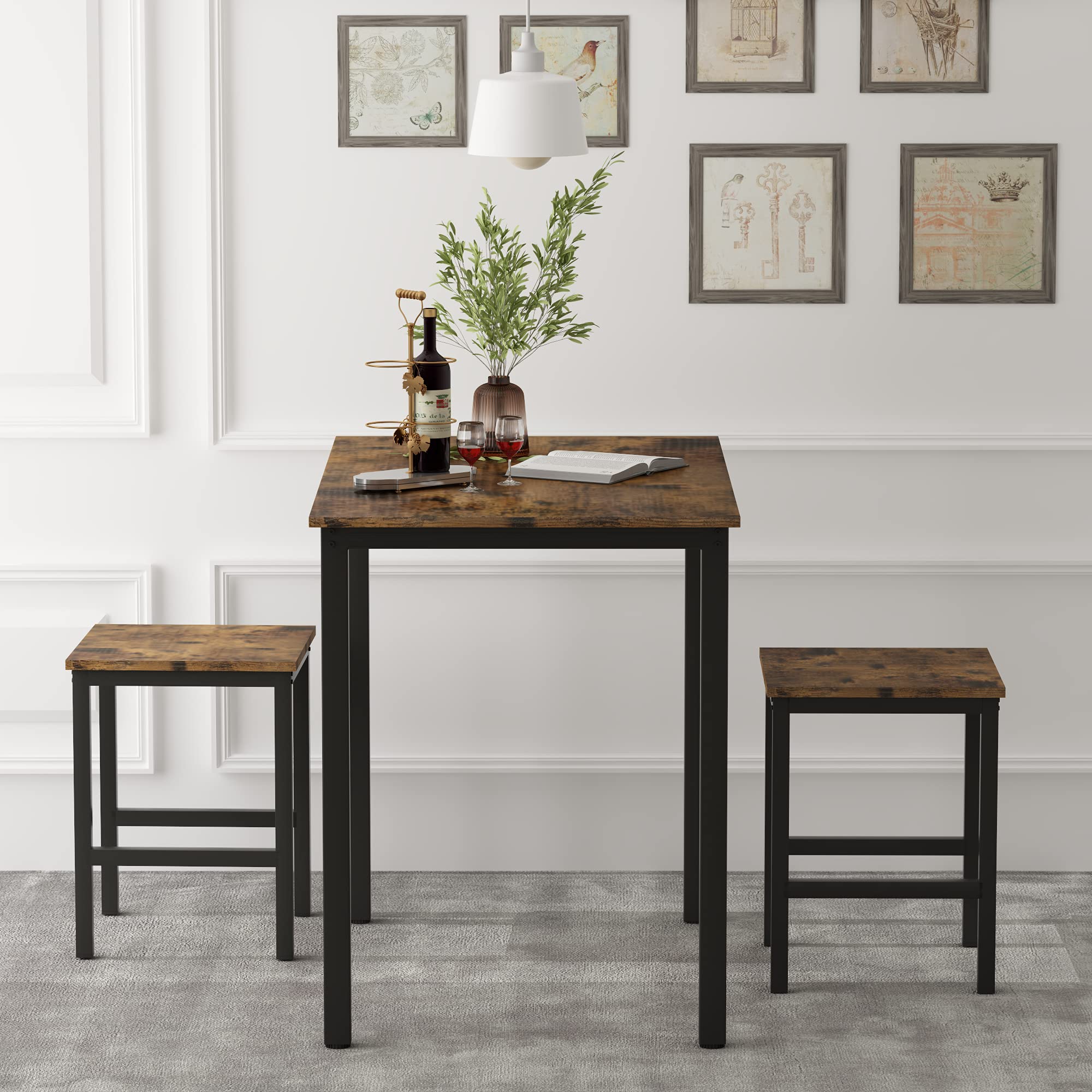 AWQM 3 Piece Dining Set, Small Dining Table and 2 Stools, Kitchen Breakfast Dining Table Set, Breakfast Table of 35.43 x 23.62 x 29.92 inches, Stools of 13.8 x 13.8 x 17.8 inches, Rustic Brown