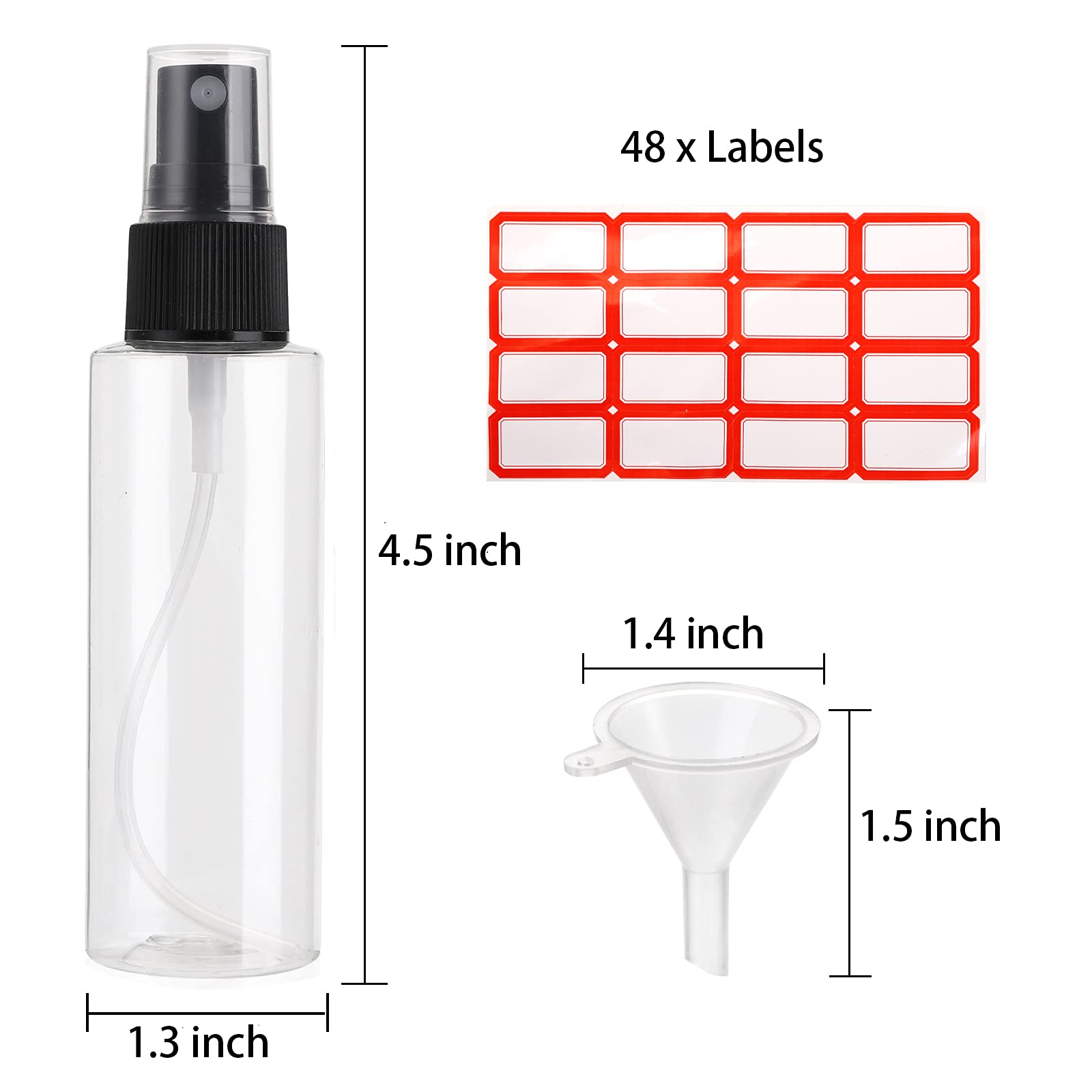 Bekith 30 Pack 2 oz Clear PET Spray Bottles with Black Fine Mist Sprayer for Essential Oils, Travel, Perfumes, Reusable Empty Liquid Containers with 6pcs Funnels and 48pcs Labels