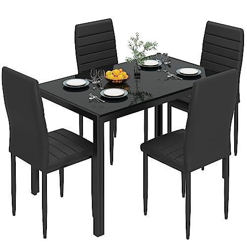 AWQM 5 Piece Kitchen Table Set,Dining Table Set for 4,Tempered Glass Table Top and 4 Faux Leather Chairs,for Dining Room,Kitchen,Apartment,Small Space,Black