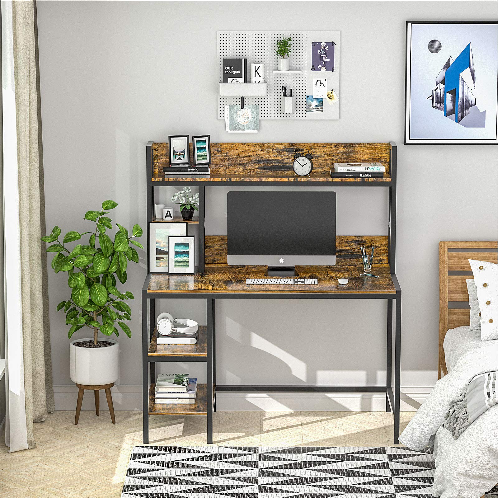 Bizzoelife Computer Writing Desk with Hutch and Bookshelf, Home Office Study Table & 2 Tier Storage Shelves Combo, 47inches Sturdy Wooden Vanity Desk for Kids and Student, Easy Assembly, Retro Brown