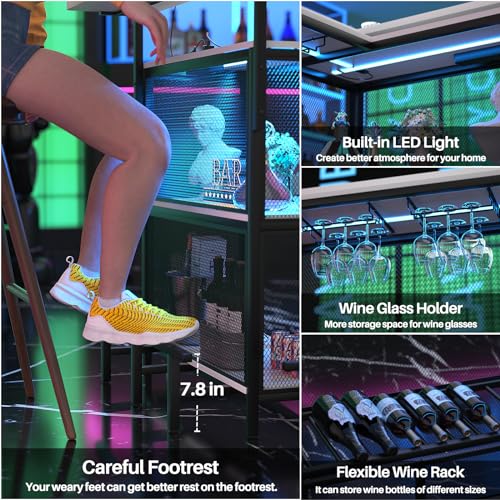 Hyomdeck L Shaped Home Bar Unit with Power Outlet & LED Light, Corner Bar Cabinet with Footrest, Wine Bar Cabinet with Glass Holder and Liquor Rack, Bar Table for Dining Room, Kitchen, Basement, White