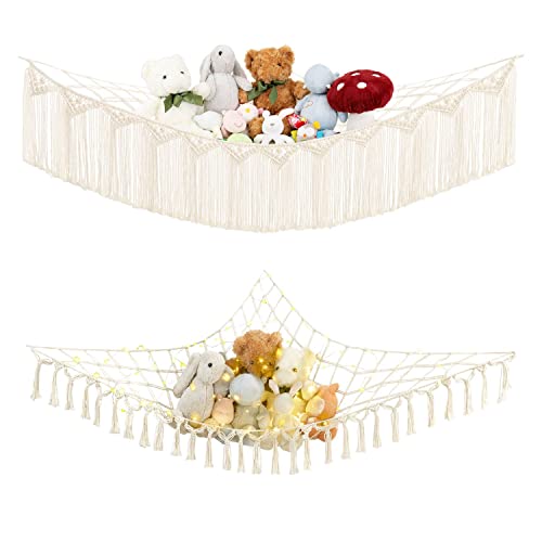Mkono 2 Style Macrame Stuffed Animal Hammock Toy Storage Organizer with Lights and Tassels Boho Stuff Animals NetLarge Capability Corner Toys Display Hammock for Nursery Playroom