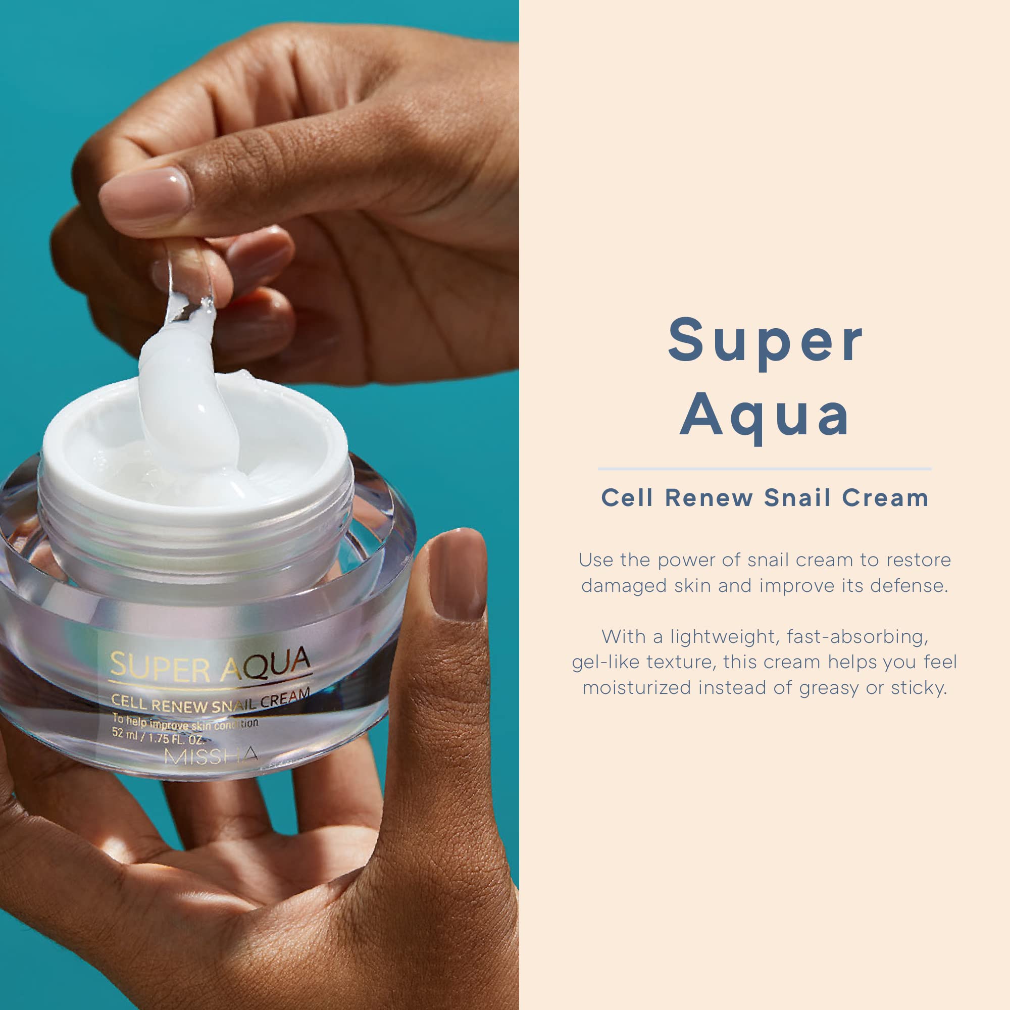 MISSHA Super Aqua Cell Renew Snail Cream 52ml- Anti-aging and brightening formula with 65% snail slime extract providing premium solution to damaged skin