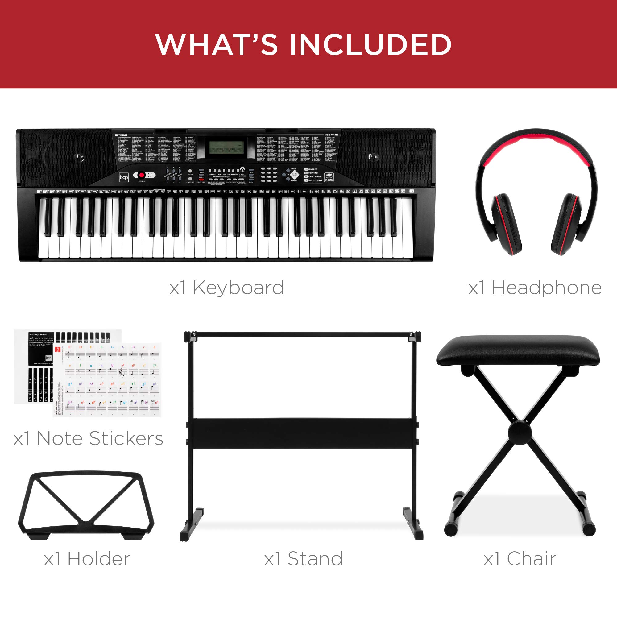 Best Choice Products 61-Key Beginners Complete Electronic Keyboard Piano Set w/Lighted Keys, LCD Screen, Headphones, Stand, Bench, Teaching Modes, Note Stickers, Built-In Speakers - Black