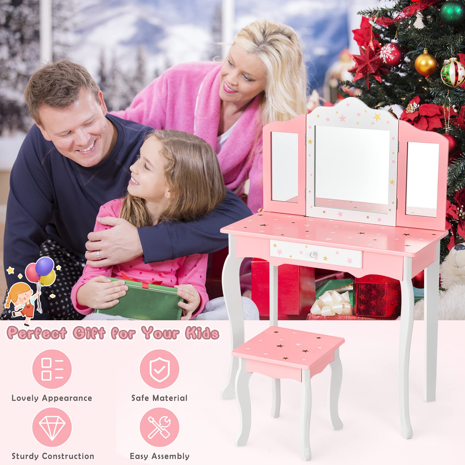 KOTEK Kids Vanity Set w/Tri-Folding Mirror, 2 in 1 Wooden Princess Makeup Dressing Table w/Detachable Top & Storage Drawers, Pretend Beauty Play Vanity Table Set for Girls (Pink Star Print)