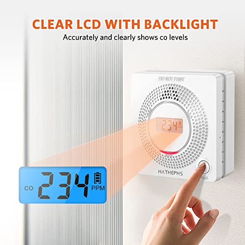 Carbon Monoxide Detector Alarm, HATHEPHS 10-Year Life Portable CO Detector with Digital LCD Display, Battery Powered CO Alarm with 3 LED Lights for Home, Office and Travel