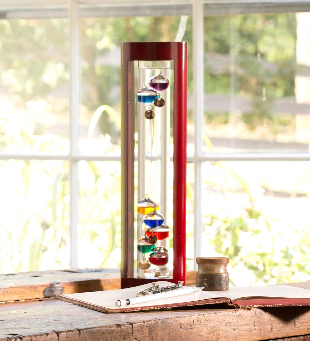 Galileo Glass Thermometer | 14.5-Inches Tall with Cherry Wood Frame | Law of Physics | Indoor Room Temperature for Home House Office Desk Counter Tabletop | Holiday Gift Present