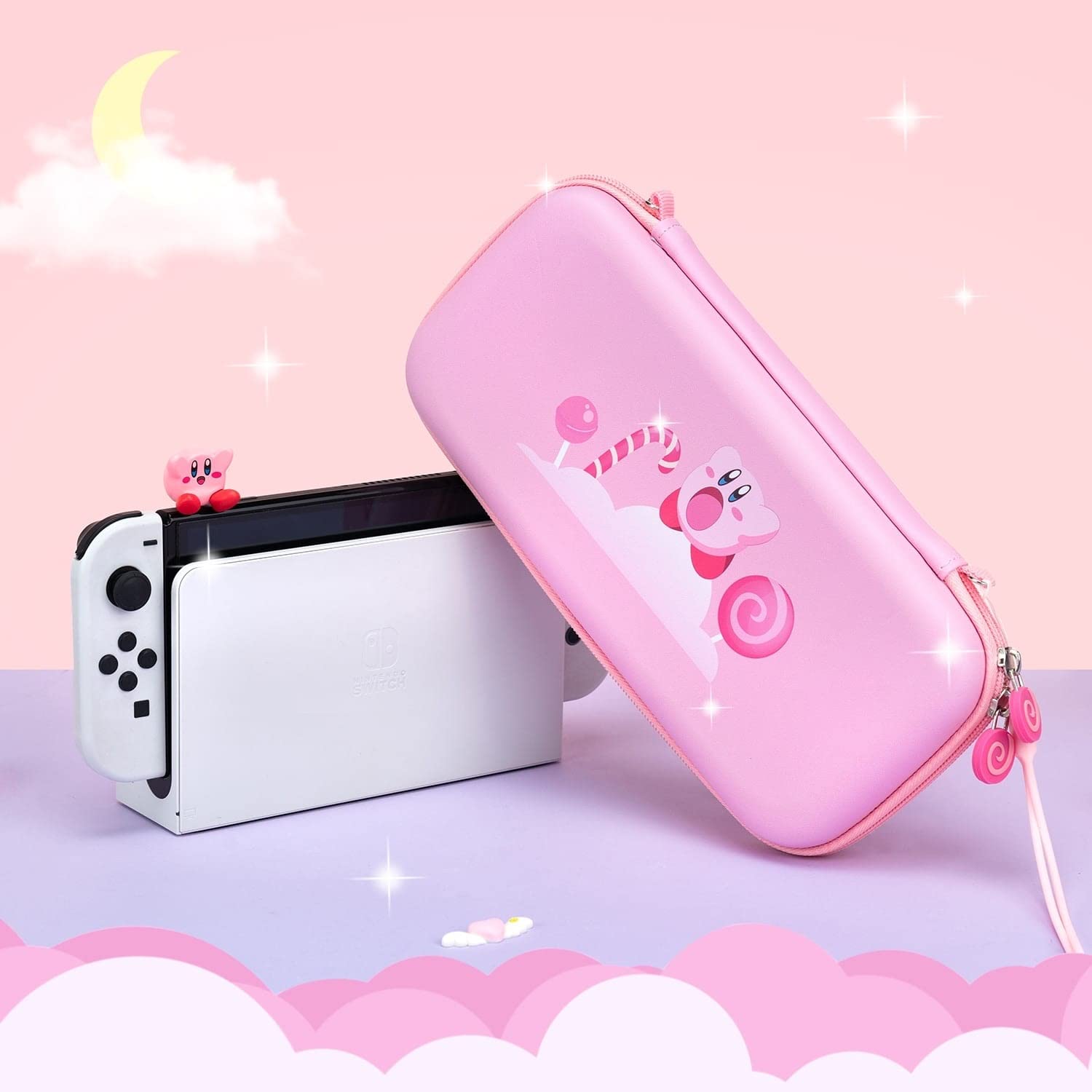 BelugaDesign Pink Puff Ball Case | Cute Kawaii Anime Smash Pink Carry Travel | Shoulder Wrist Straps Accessory Set Stores 9 Game Cards | Compatible with Nintendo Switch Standard Lite OLED (Case Only)