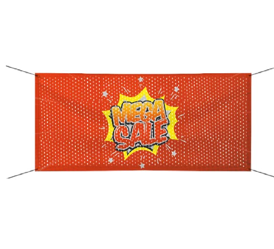 BannerBuzz Custom Fabric Mesh Banner, 115 GSM Polyester Mesh Fabric, Hemmed Edges with Grommets, Single Sided Print, 1440 DPI Dye Sublimation Printing (8’ W X 5’H)