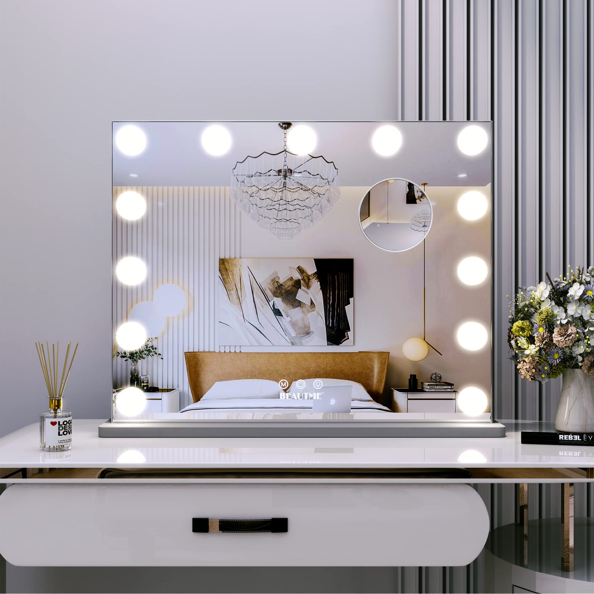 BEAUTME Vanity Mirror Hollywood Mirror with Lights,Led Makeup Mirror with Magnifying Mirror Bedroom Table Mirror/Wall Mounted Mirror Big