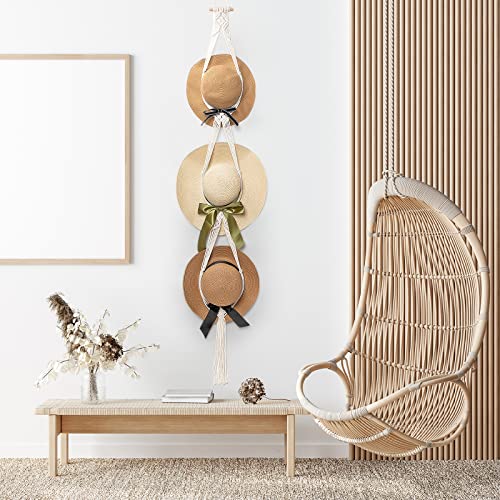 COCHIE 2 Pack Hat Rack Boho Handmade Hat Hangers Adjustable for Wall Decoration, Hat Organizer Holds 6 Different sized Hats Display for Women Men(Beige,5.74 Ft)