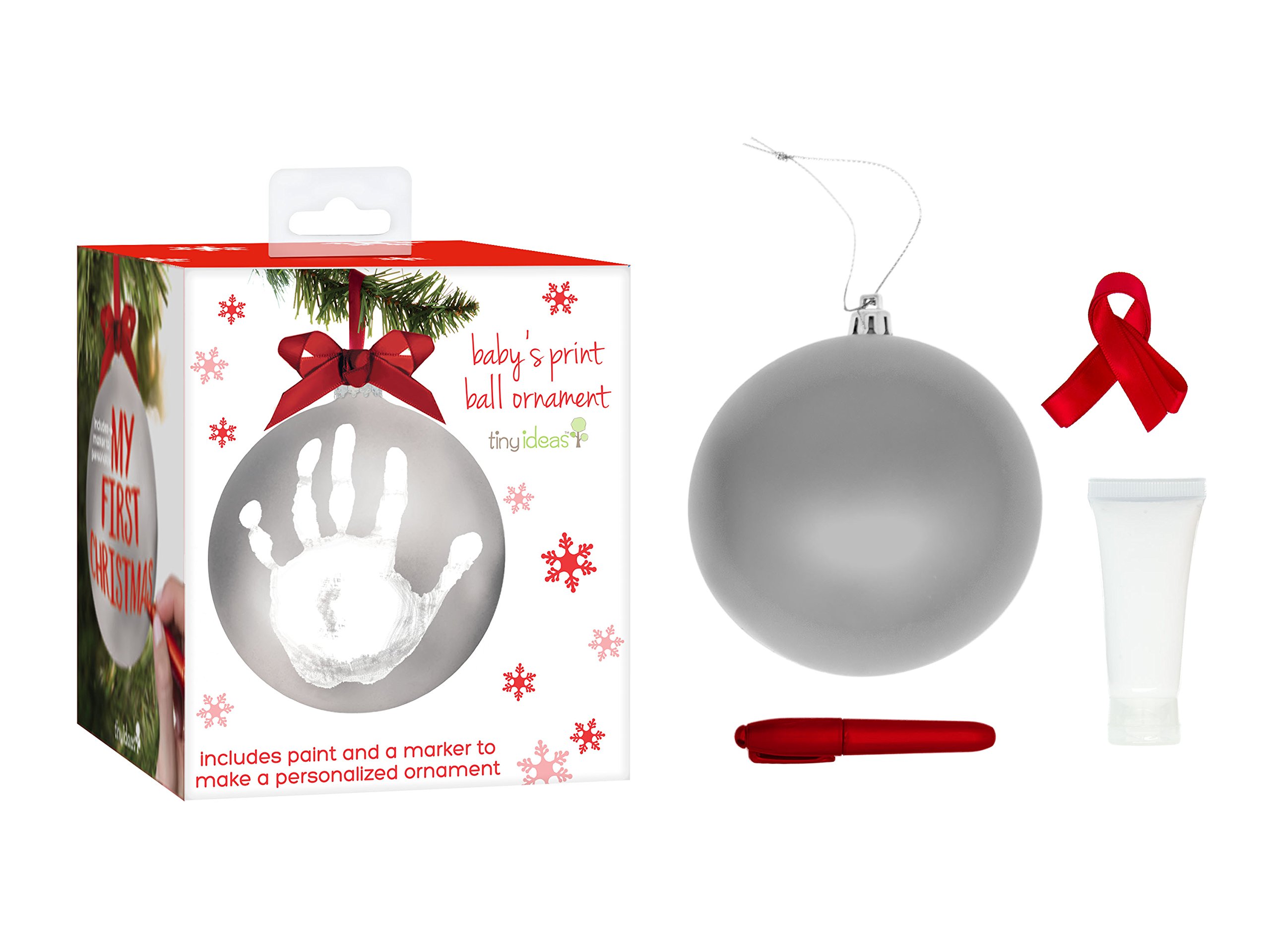 Tiny Ideas Christmas Baby's Handprint Ball Ornament, Included Paint for Baby's Print, Newborrn Holiday Keepsake Gift, DIY Classic Christmas Tree Ornament, Silver