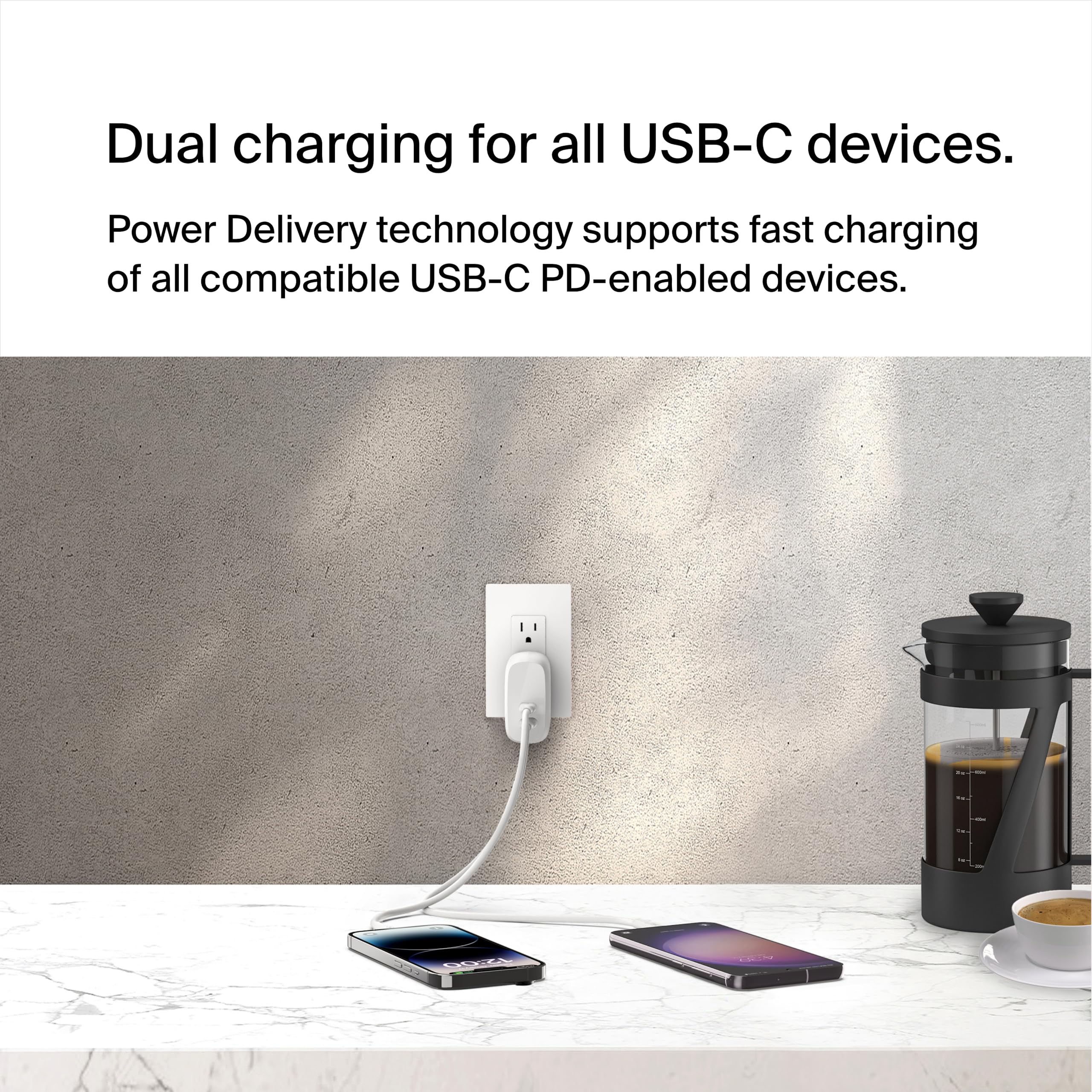 Belkin BoostCharge Dual USB-C Wall Charger with PPS 60W for Apple iPhone, iPad, Samsung Galaxy, Google Pixel - Compatible w/USB-C to Lightning Cable & USB-C to USB-C - White