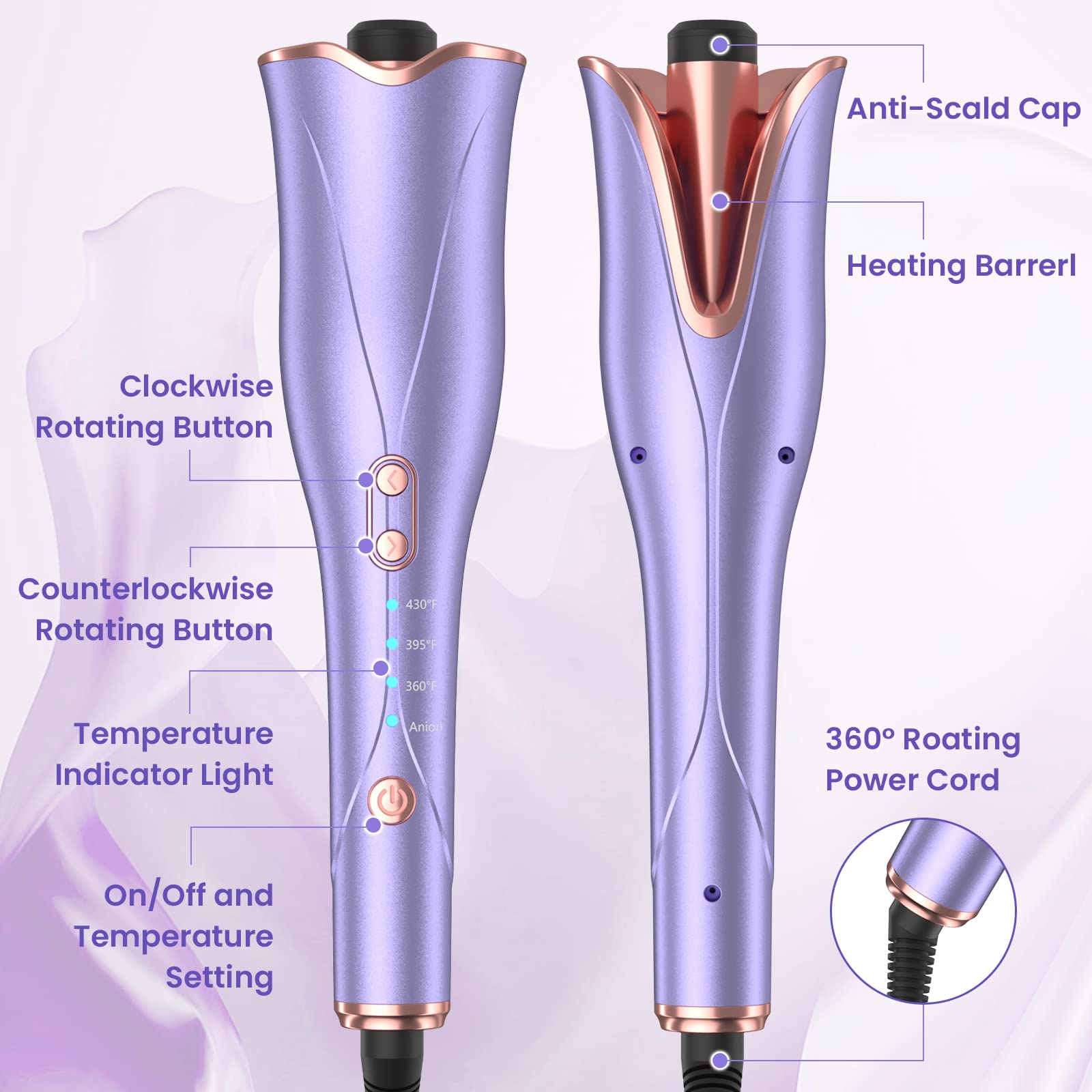 Automatic Curling Iron, Curling Iron with Adjustable 3 Temps & 3 Timer Settings, Auto Shut-Off, Anti-Scald Auto Hair Curler with Spin Iron Fast Heating Styling Tools & Appliances