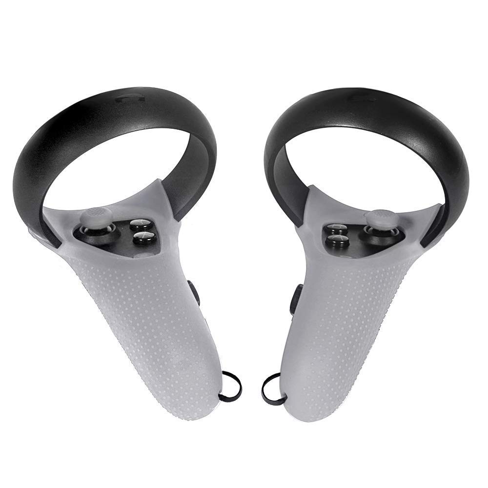 HIJIAO accessories for Oculus Quest VR, including: hard case (black), Silicone Controller Grip Skin (gray), Silicone Knuckle Strap (gray), Silicone Cover (black), Head Strap Pad for Oculus Quest Heads