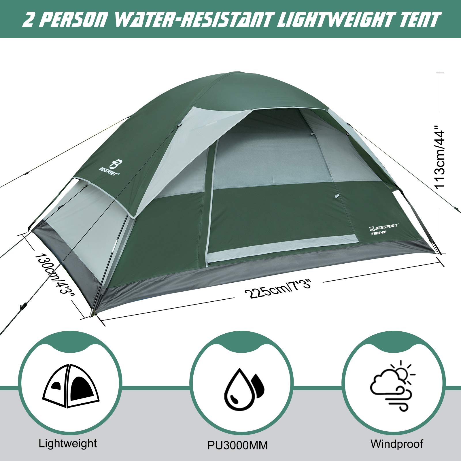 Bessport Camping Tent 2 Person Backpacking Tent Waterproof Lightweight Easy Setup Tent with Two Doors for Outdoor, Hiking Mountaineering Travel