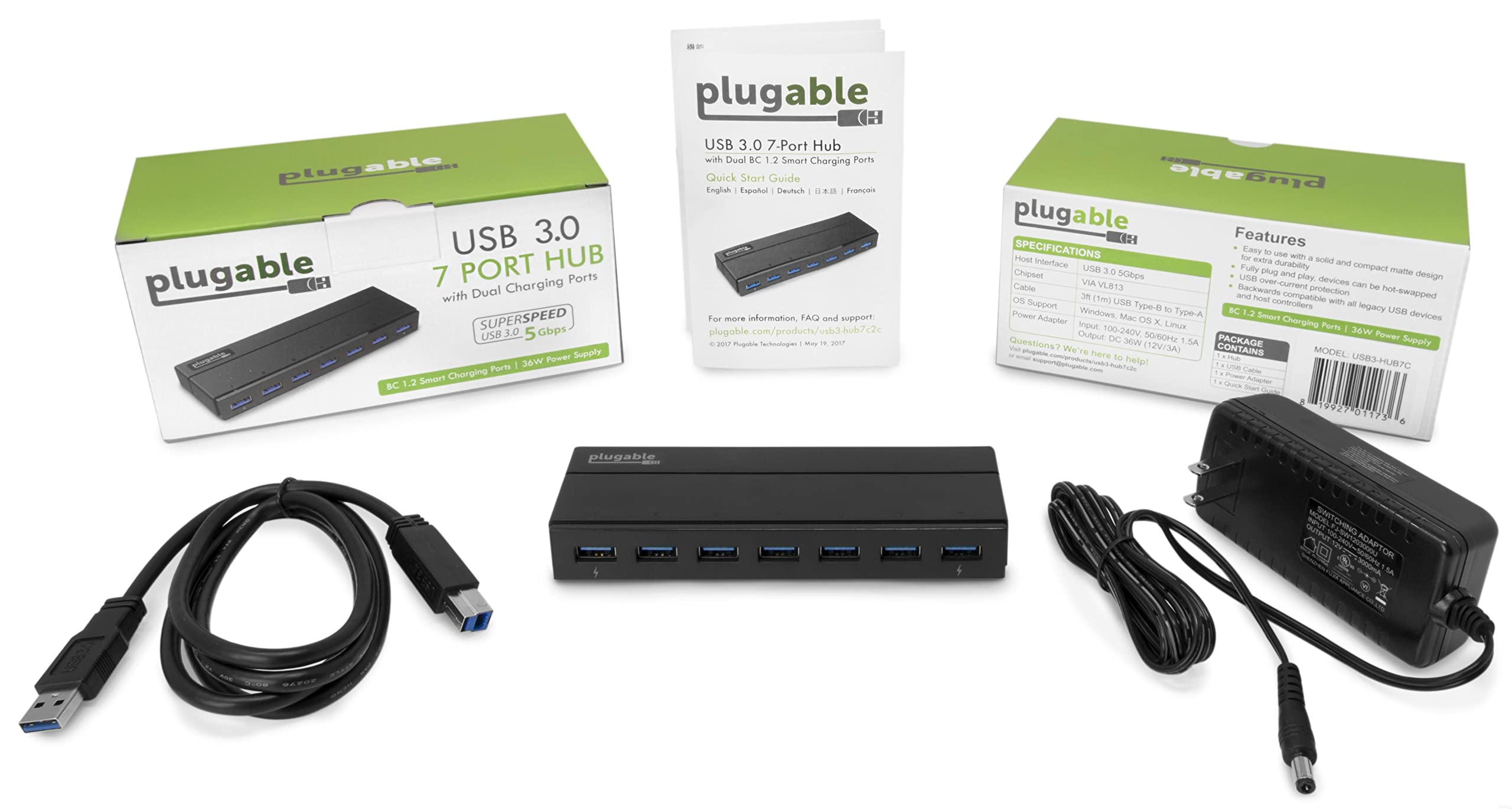 Plugable 7-Port USB 3.0 Hub with 36W Power Adapter - Driverless - Effortlessly Connect Devices and Transfer Data at High Speeds