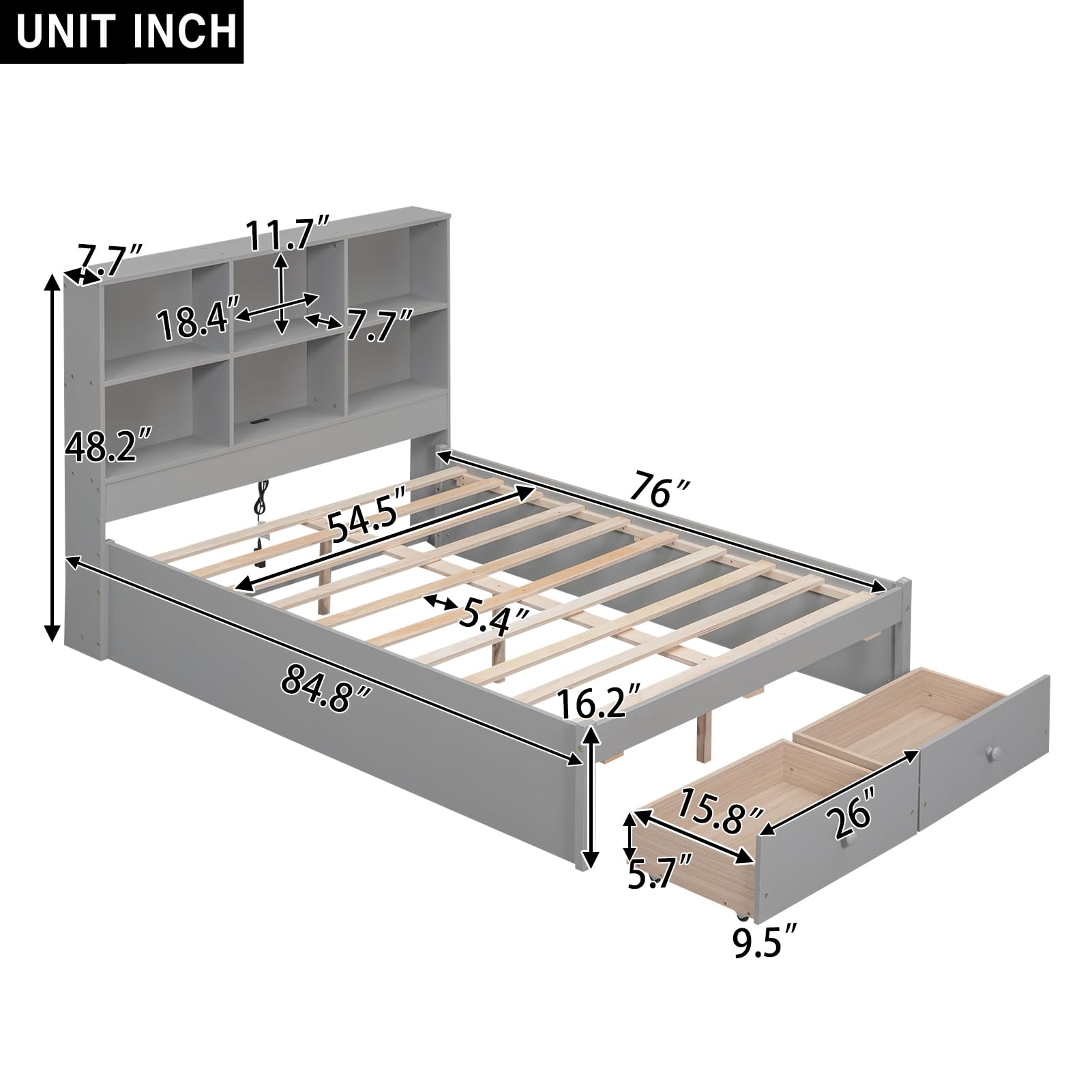 CITYLIGHT Full Size Bed Frame with Bookcase Headboard and 2 Drawers, Wood Full Size Platform Bed with Charging Station for Kids Teens Adults, No Box Spring Needed, Grey