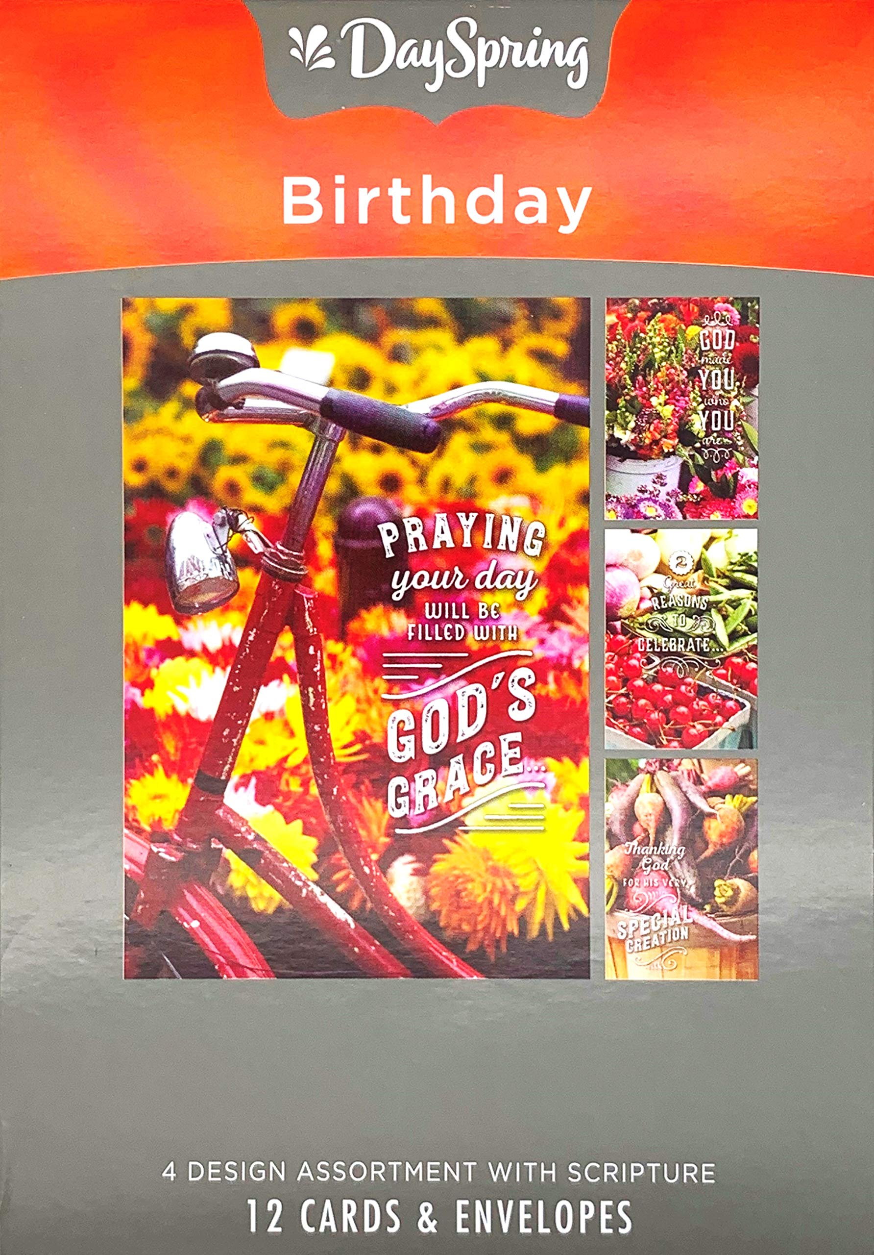DaySpring - Happy Birthday - Farmers Market - 4 Design Assortment with Scripture - 12 Boxed Birthday Cards & Envelopes, NCV (J0382)