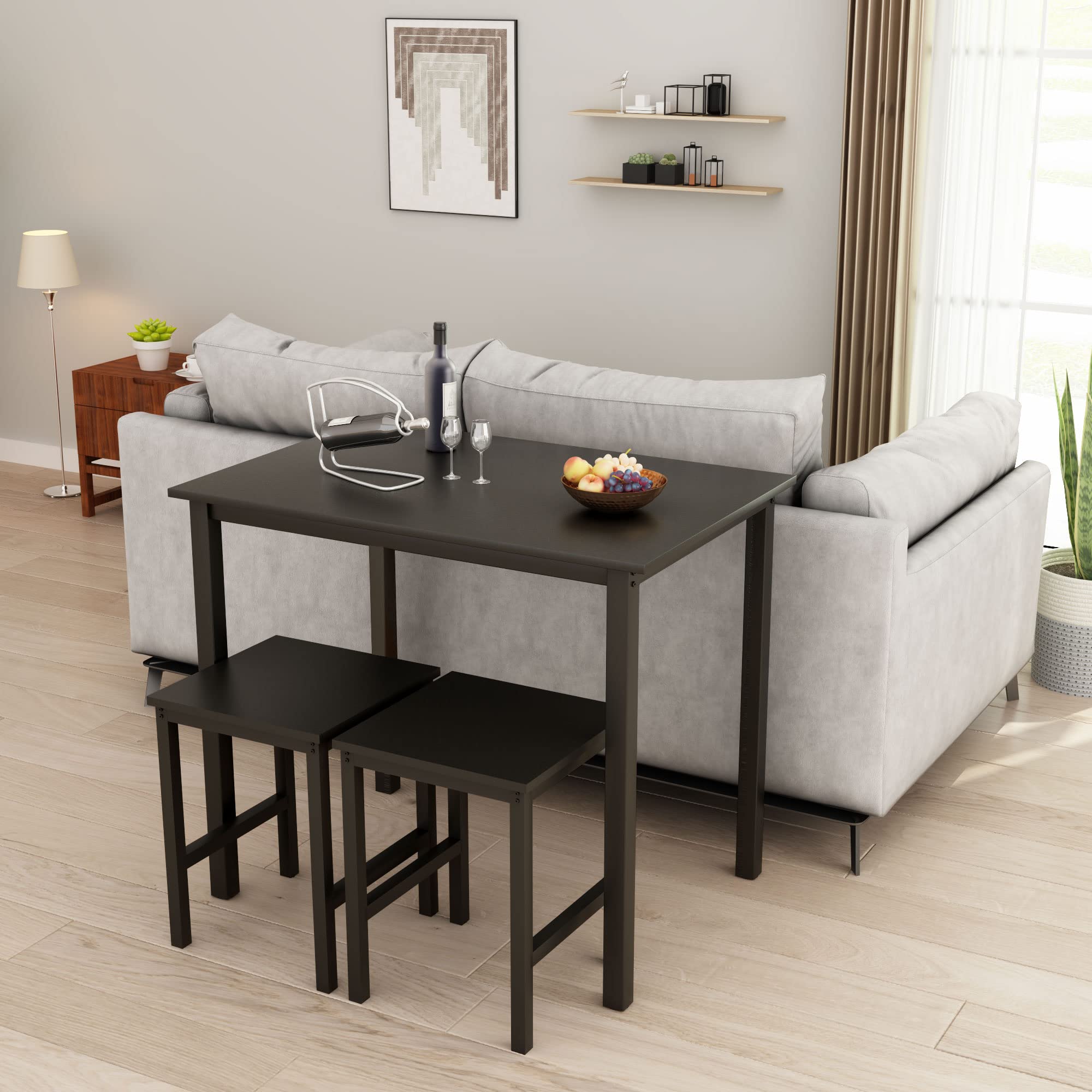 AWQM 3 Piece Dining Table Set, Small Kitchen Table and 2 Stools, Kitchen Breakfast Dining Table Set, Breakfast Table of 35.43 x 23.62 x 29.92 inches, Stools of 13.8 x 13.8 x 17.8 inches, Black