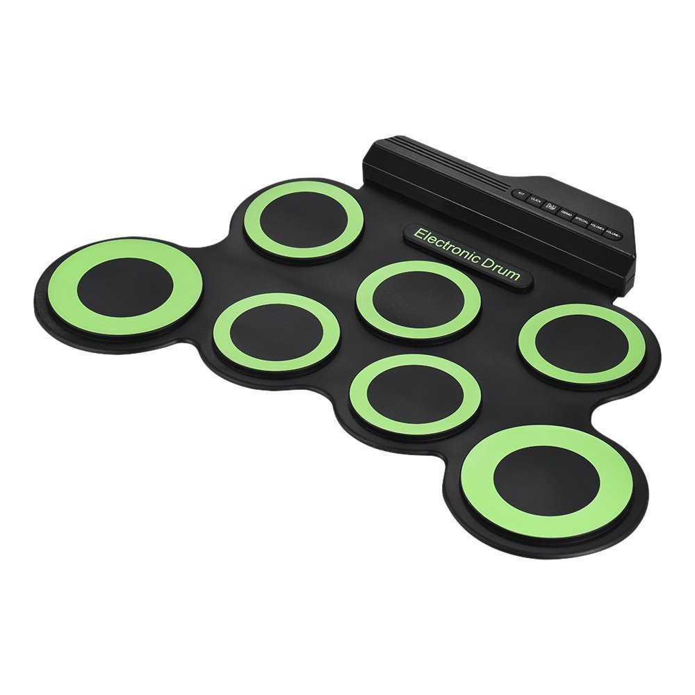 LokFy Electronic Drum Set Roll Up Drum Pad Portable, with Headphone Jack, Foot Pedals and Drum Sticks, Gift for Beginner (Green)