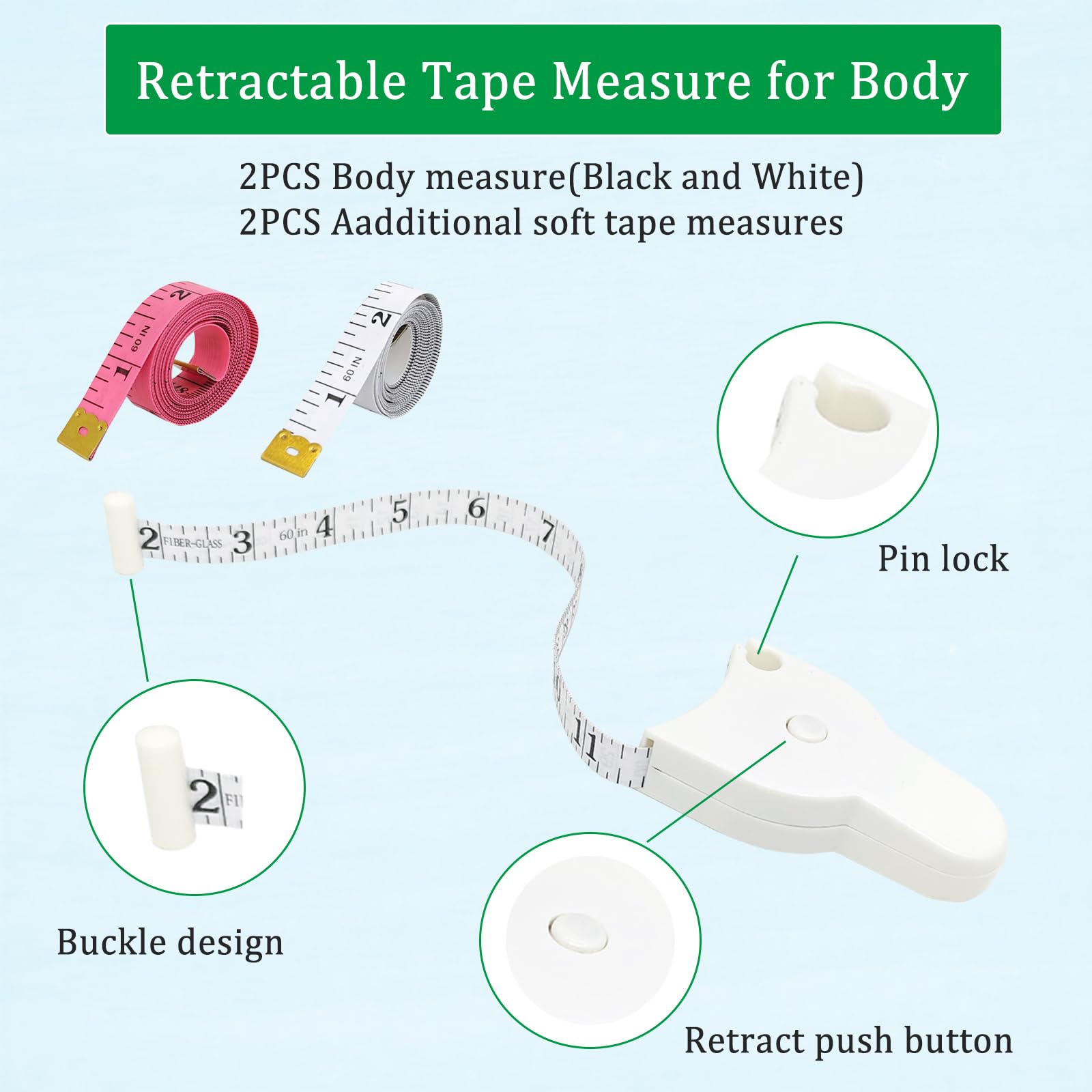 Automatic Telescopic Tape Measure Rulers, 4 Pack Tailors Tape Body Measuring Tape 60 Inch, Assorted Black White Pink Sewing Fabric Tape Measure for Body Measurements