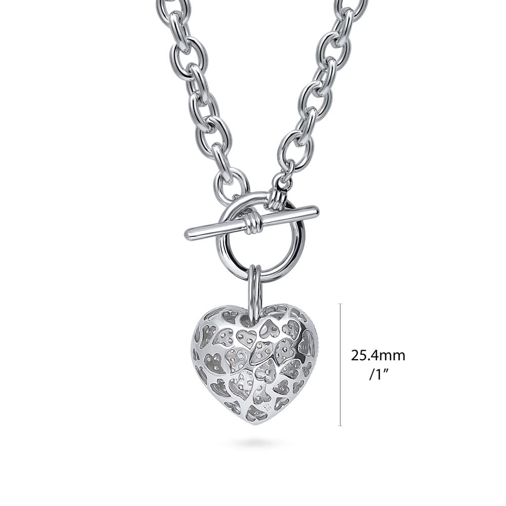 BERRICLE Heart Cubic Zirconia CZ Anniversary Toggle Pendant Necklace for Women, Silver-Tone