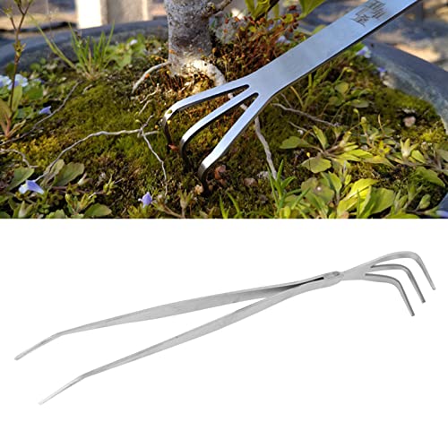 Bonsai Rake,9.8in 2-in-1 Stainless Steel Root Rake 3 Prong Root Rake Loosen Soil Bonsai Tools Ergonomic Handle Tweezers for Gardening Plants