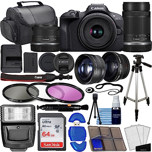 Canon EOS R100 Mirrorless Camera with 18-45mm and 55-210mm Lenses Kit + Wide Angle Lens + Telephoto Lens + 64GB Memory Card + 3pc Filter Kit + Case + Flash + Tripod + More (37pc Bundle)