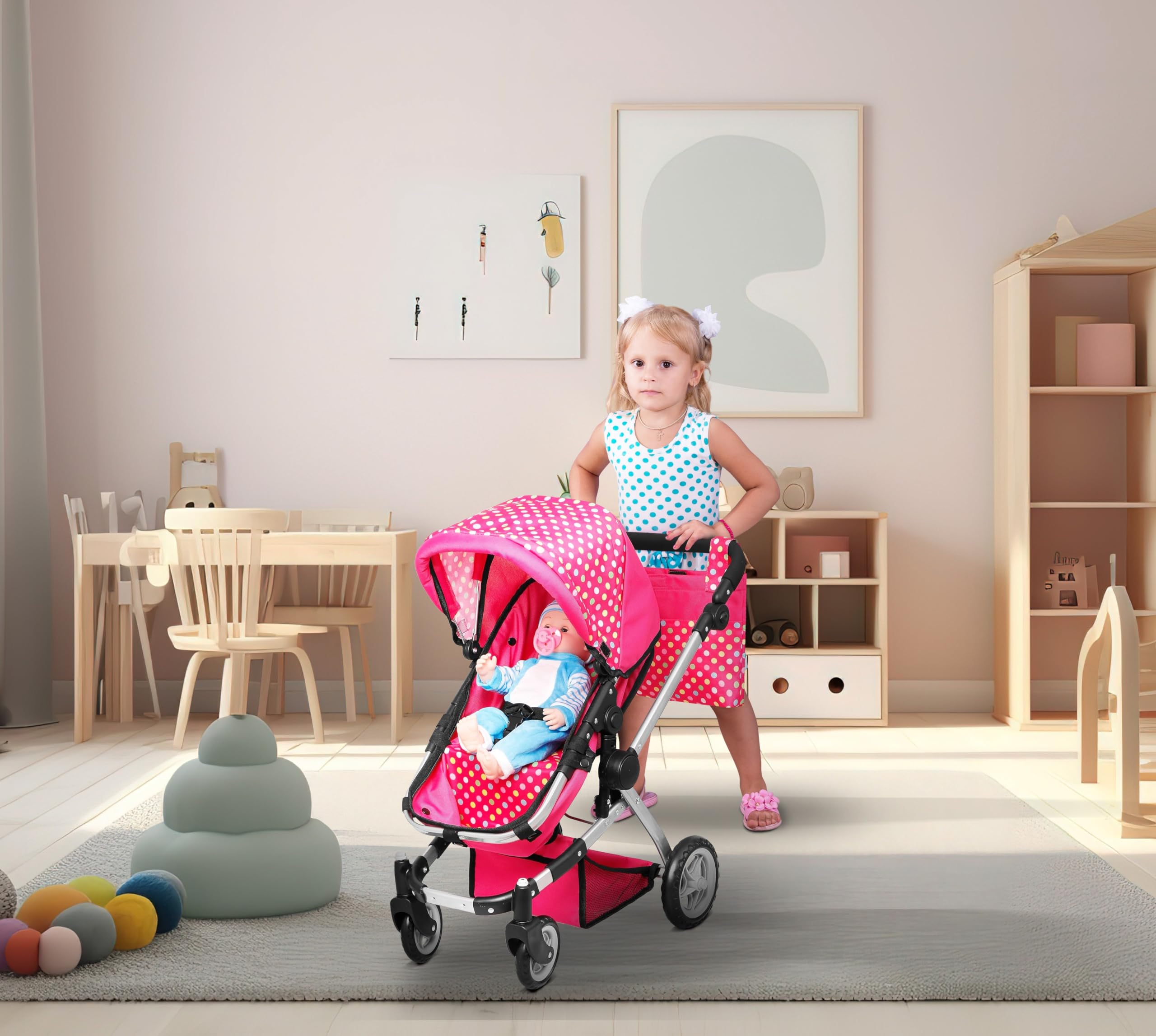 Fash N Kolor | Foldable Pram for Baby Doll with Flower Design with Swiveling Wheel Adjustable Handle Bassinet Stroller with Baby Doll, Convertible Seat, and Basket, and Free Carriage Bag