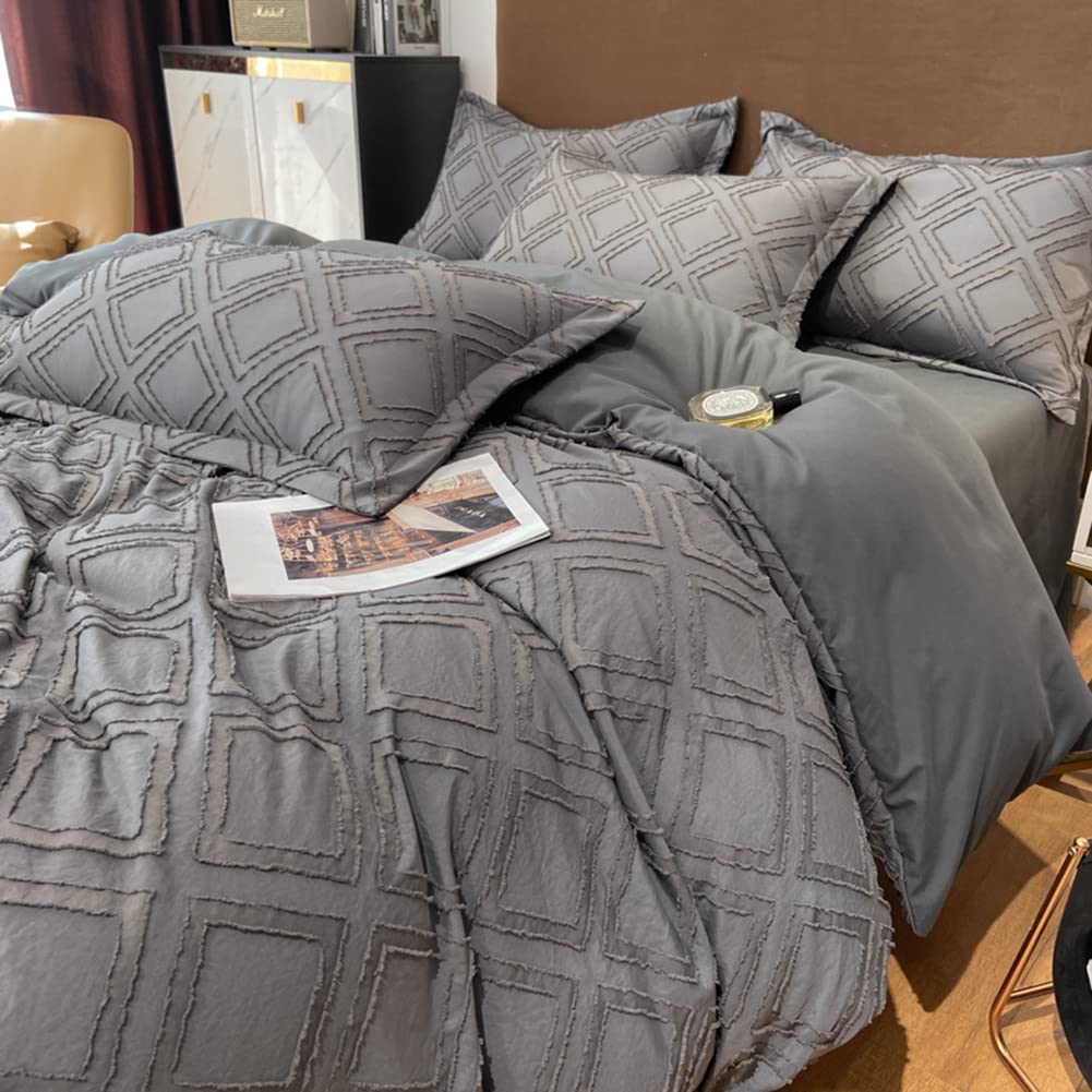 MorroMorn 5 PCS Boho Bedding Sets, Textured Duvet Cover Set, Tufted Comforter Covers, Diamond Jacquard Soft Breathable Neutral for Men Women Bed All Seasons (Grey, King/California King)