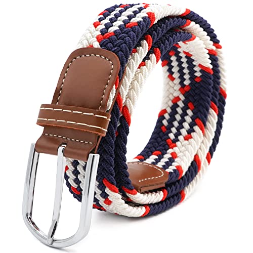 BAOKELAN Canvas Elastic Belts for Men Woven Stretch Braided Waist Belt for Women Jeans Dress Blue White Red