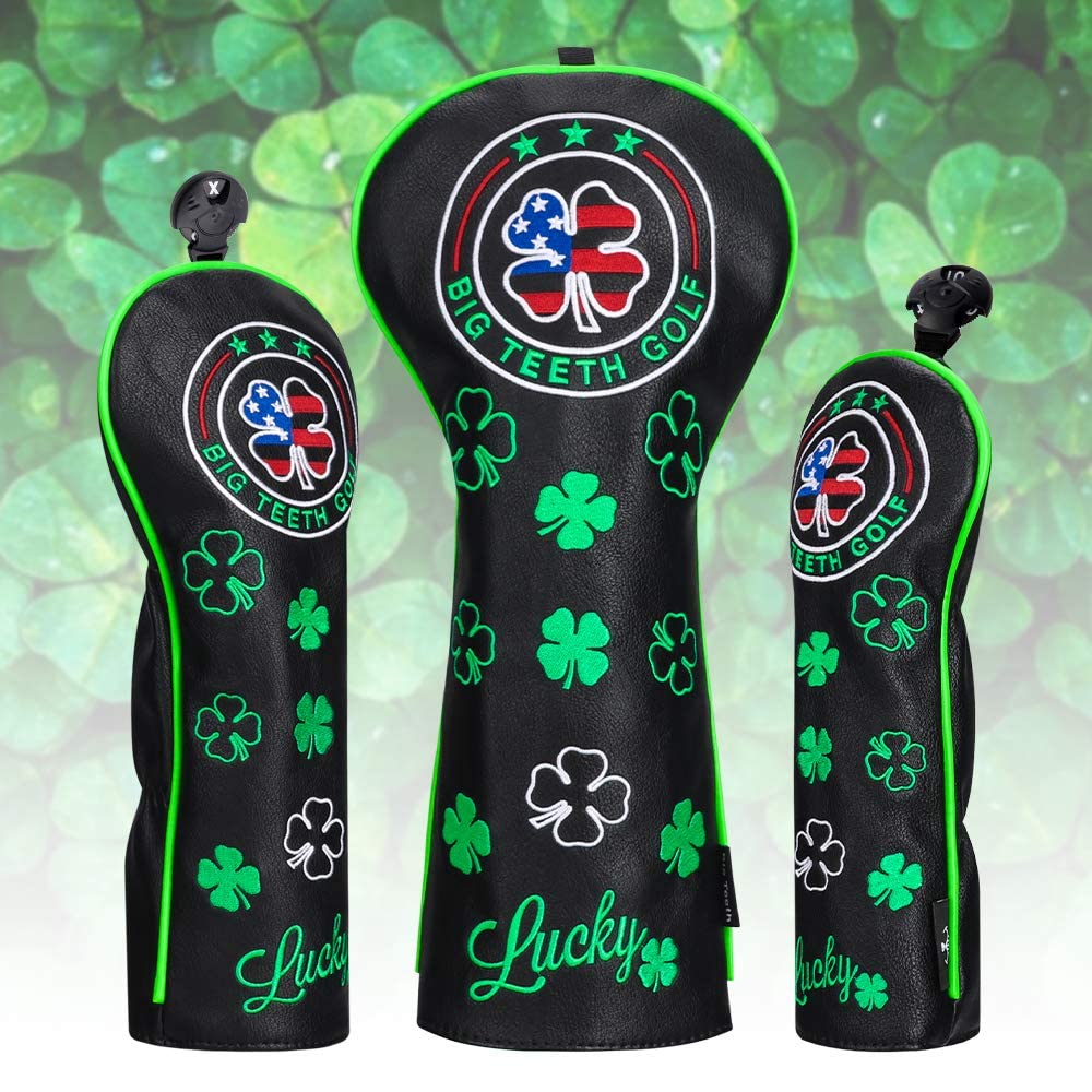 BIG TEETH Golf Head Covers Driver Hybrid Fairway Cover Golf Club Protector Lucky Clover and USA Pattern Black (Driver Cover)