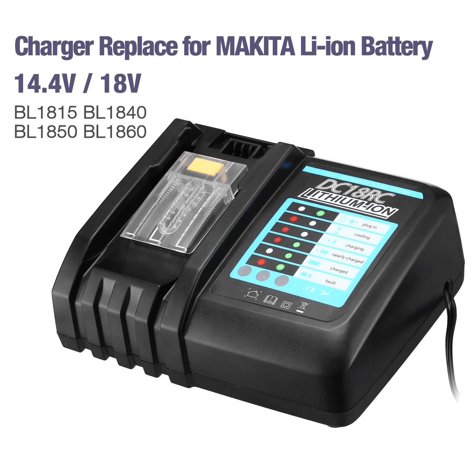 BL1830 Replacement Battery(2 Pack) 18V Li-ion 5000mAh Compatible with 194205-3 BL1815 BL1830 BL1845 LXT400 and DC18RC Replacement Fast Charger Compatible with Makita 14.4/18V Li-ion Battery