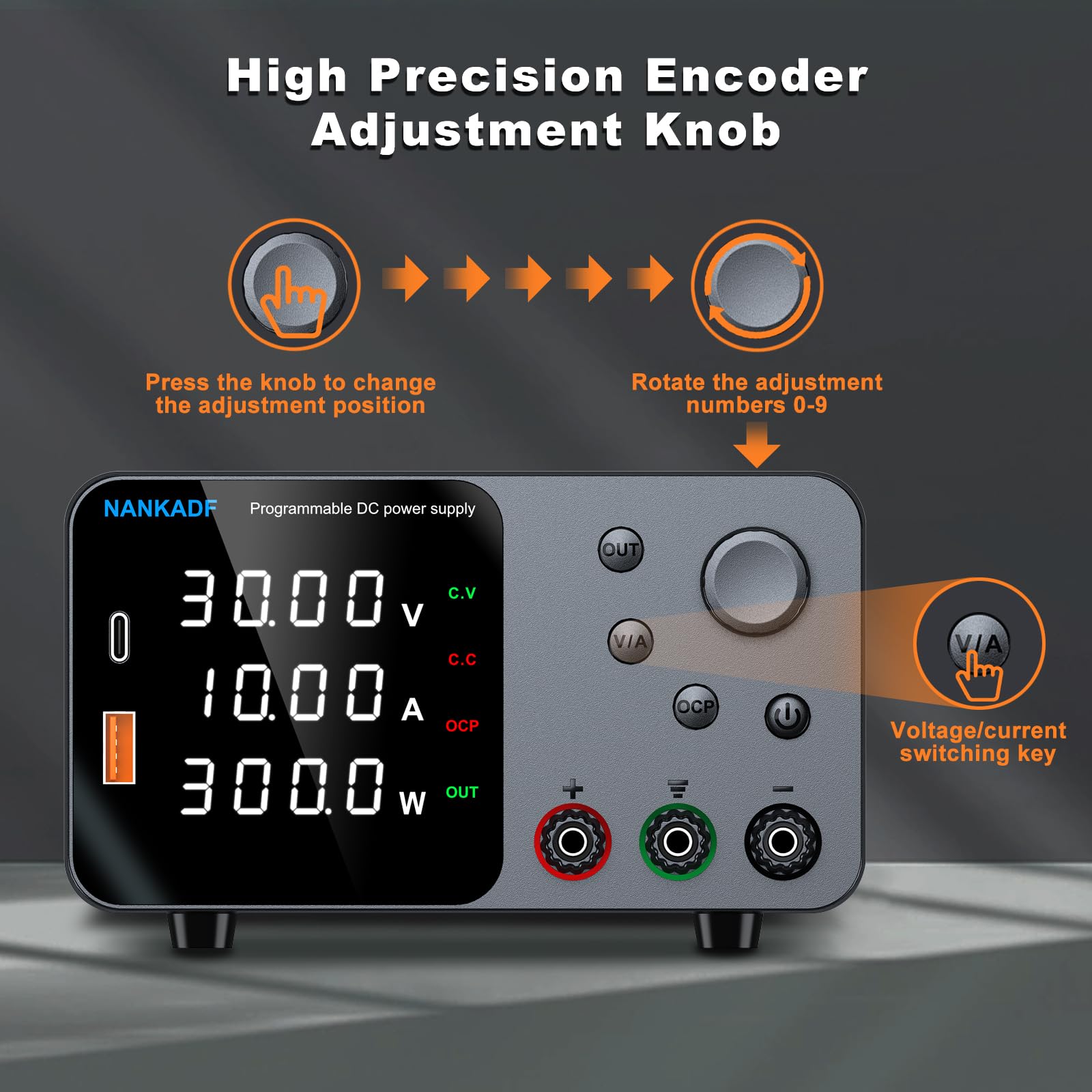 DC Power Supply, 30V 10A Bench Power Supply with Encoder Adjustment, 5V/3.6A USB&Type-C Quick-Charge, Variable Power Supply with Output Enable/Disable Button, Short Circuit Alarm (0-30V 0-10A)