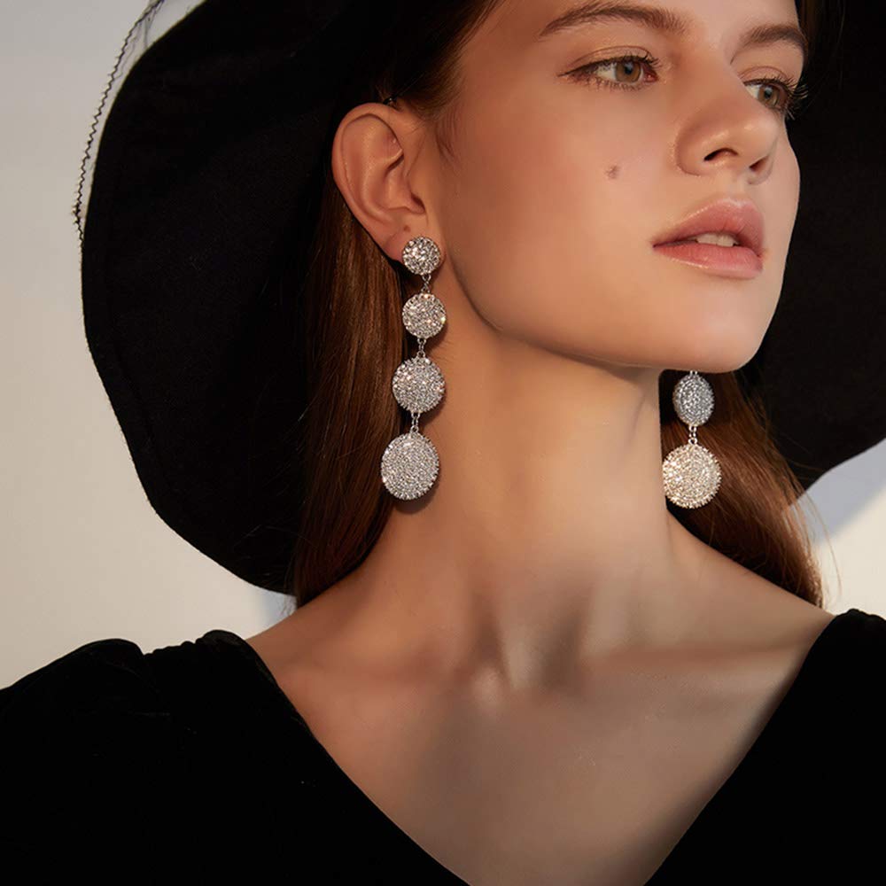 fxmimior Fashion Women Silver Rhinestones Circle Earrings Long Chain Drop Dangle Earrings Jewelry