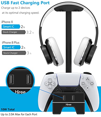 PS5 Controller Charger, Hiree RGB PS5 Controller Charging Station with 2 USB Charging Ports, Headphone Stand, Compatible with Sony Playstation 5 Dualsense Controller