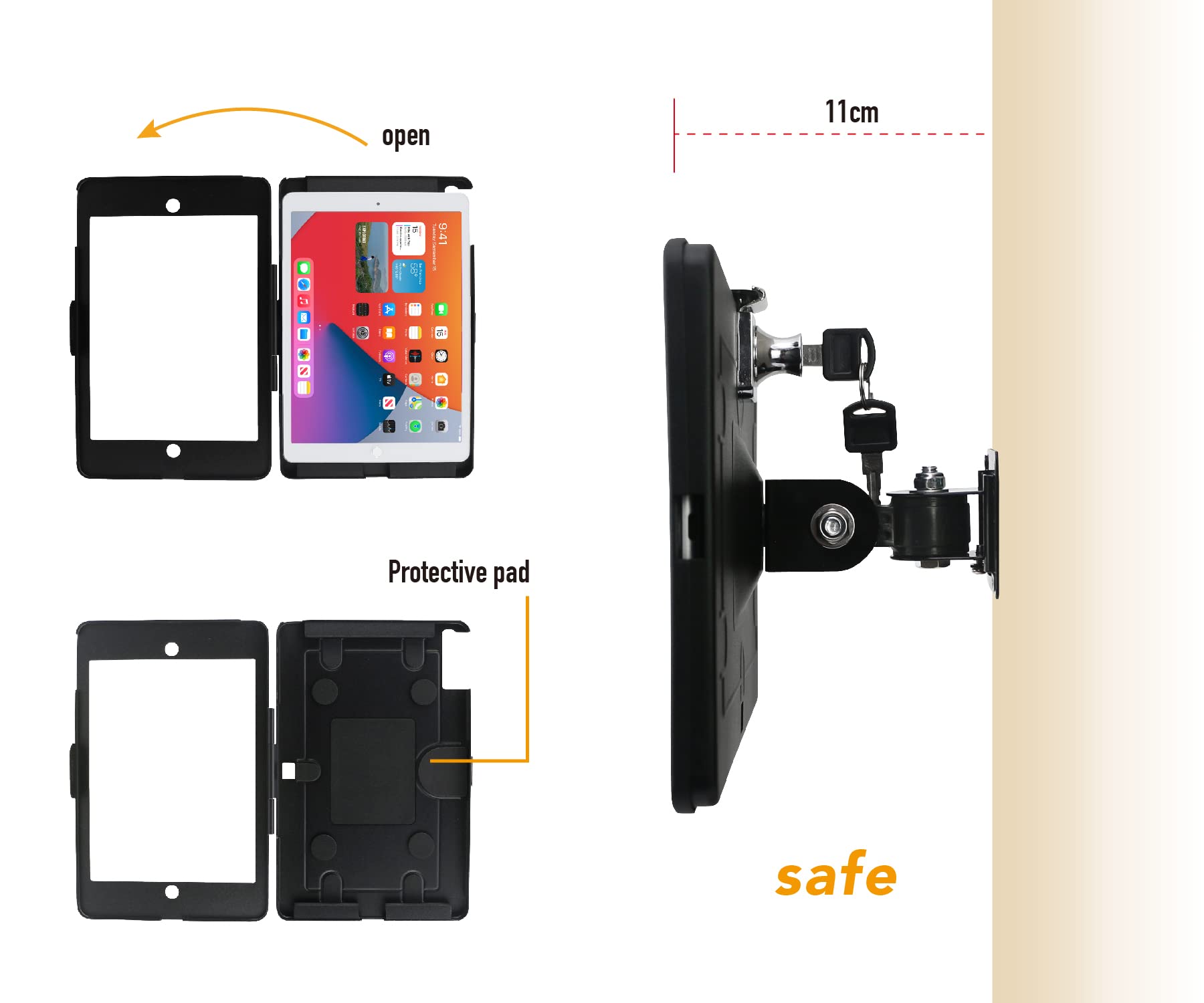 DDSHOW On Wall Mount Metal Bracket for iPad 10.2-Inch (Gen. 9th,8th,7th),with Anti Theft Security Lock&Key, Rotate Design Arbitrary Adjustment,Multi Angle,Metal,Screw Fixing,Black