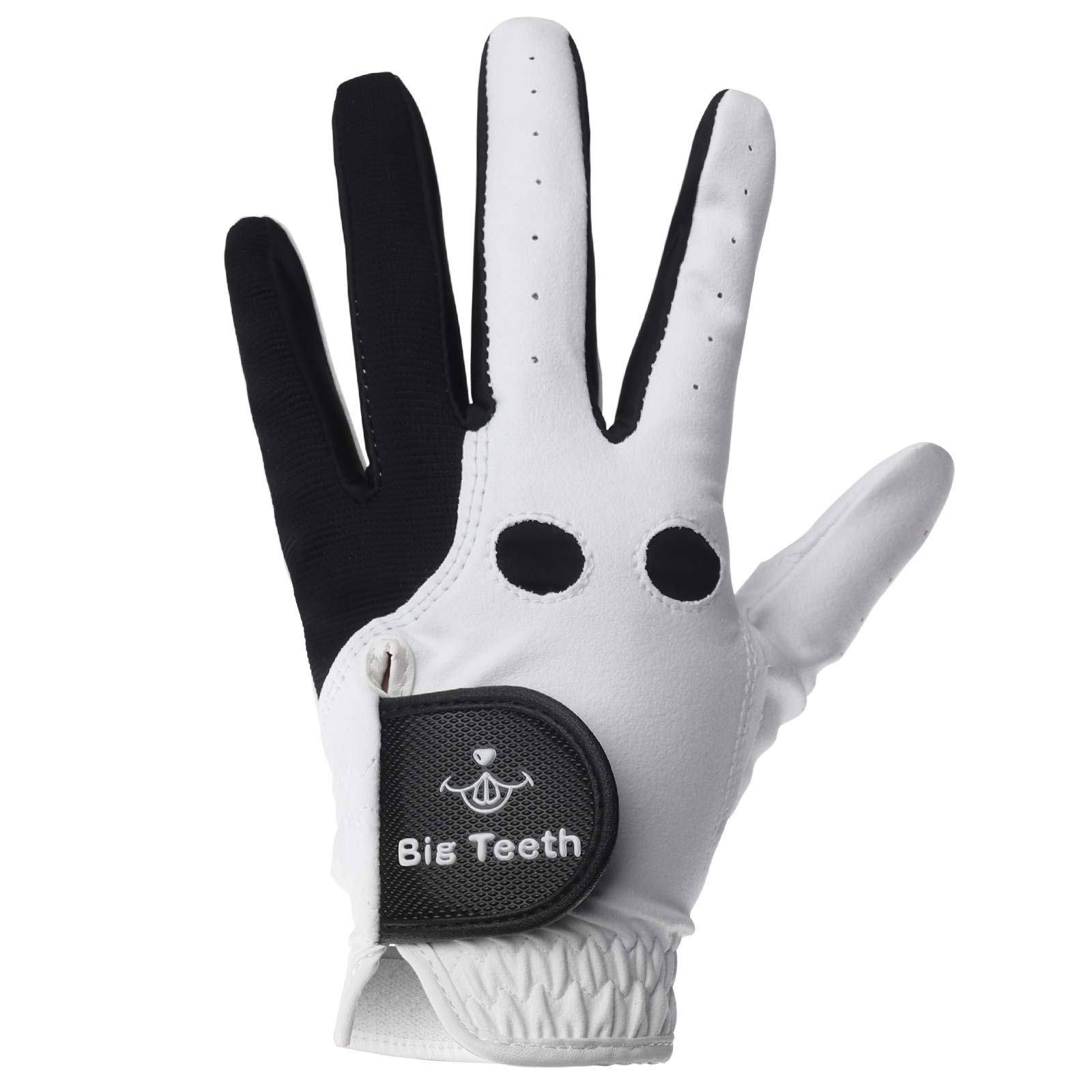 BIG TEETH Men’s Golf Gloves Men Left Hand Pack of 3Pcs Worn Right Handed Golfer,White Black Microfiber Soft Golf Gloves, Fit Size S M ML L XL (Medium, Left)